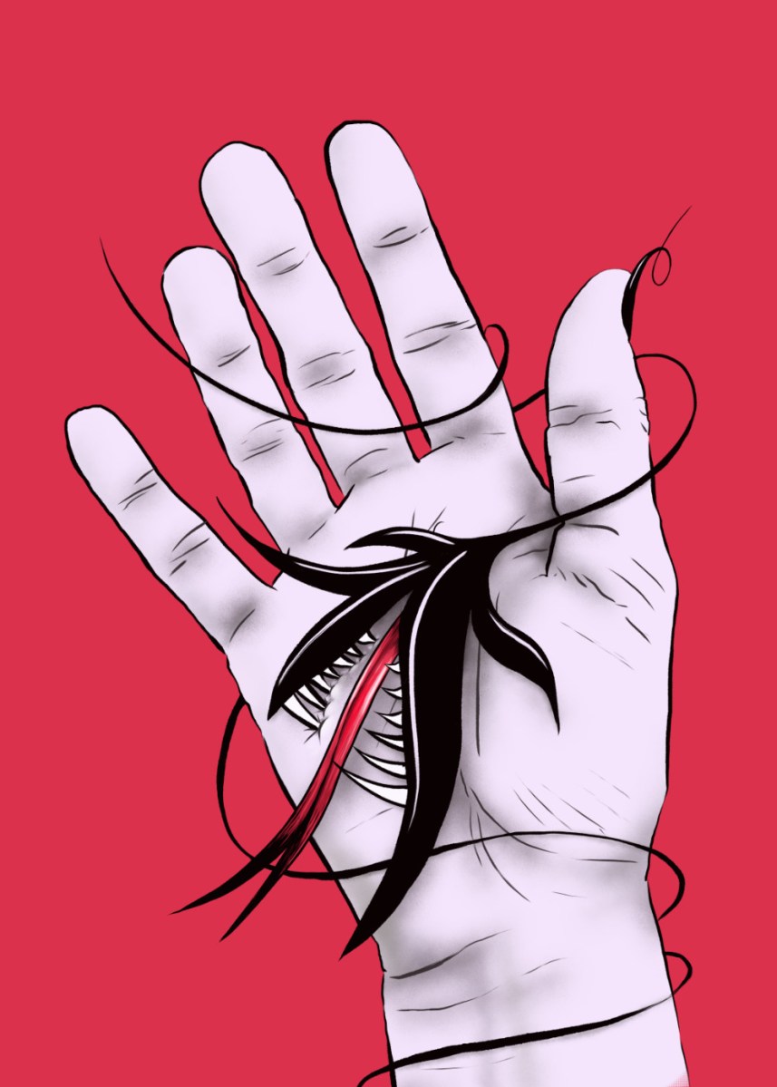 Macabre drawings of weird hands in red and black – Cute Strange Creatures